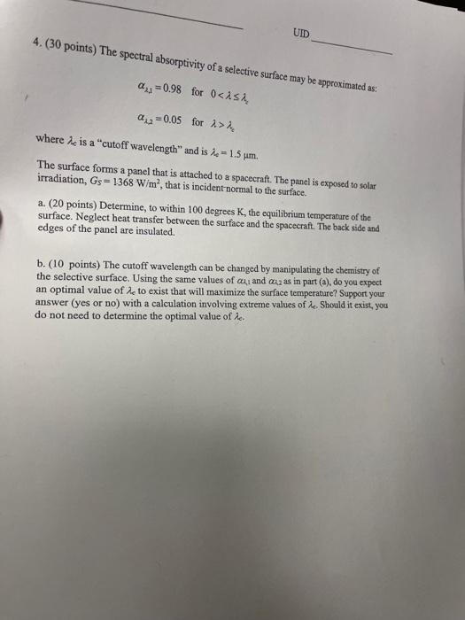 Solved 4 30 Points The Spectral Absorptivity Of A