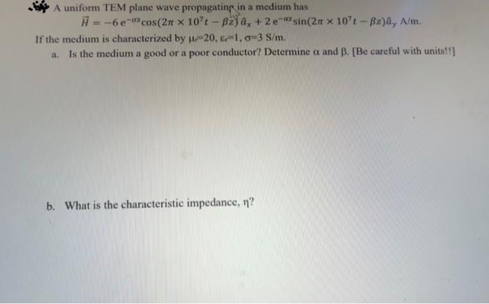 Solved A uniform TEM plane wave propagating in a medium has | Chegg.com