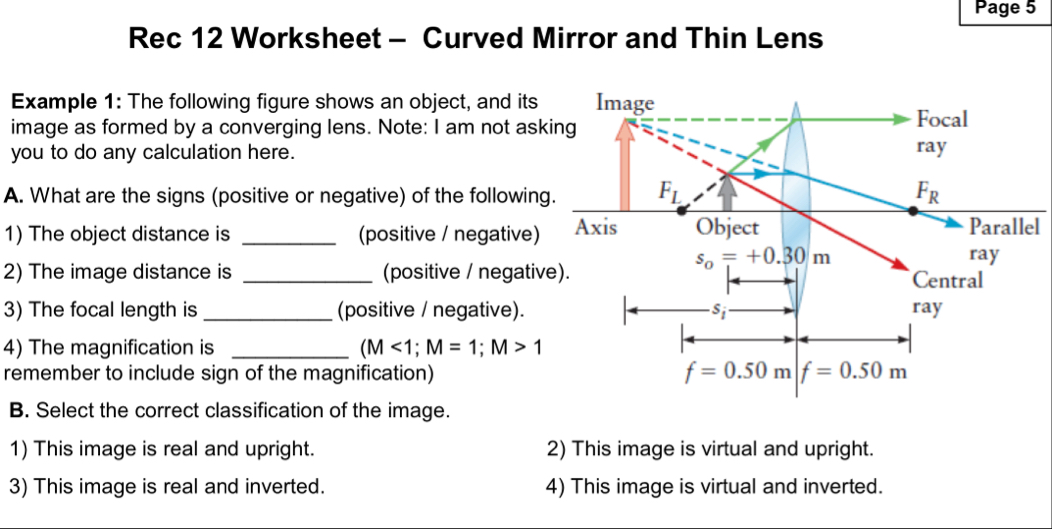 Solved Page 5Rec 12 ﻿Worksheet - ﻿Curved Mirror and Thin | Chegg.com