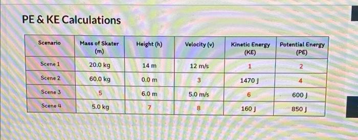 Solved PE & KE Calculations Scenario Mass of Skater (m) | Chegg.com