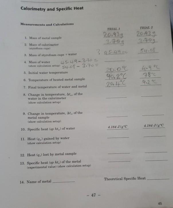 Solved Calorimetry and Specific Heat Measurements and | Chegg.com