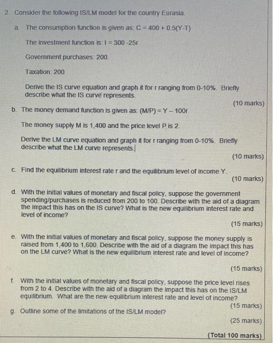 Solved 2. Consider the following IS/LM model for the country | Chegg.com