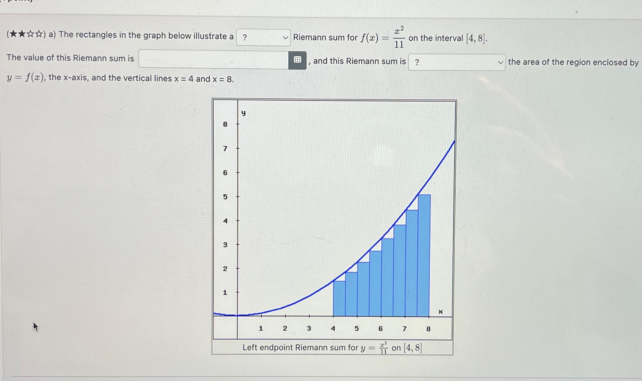 Solved Riemann sum for f(x)=x211 ﻿on the interval 4,8.The | Chegg.com