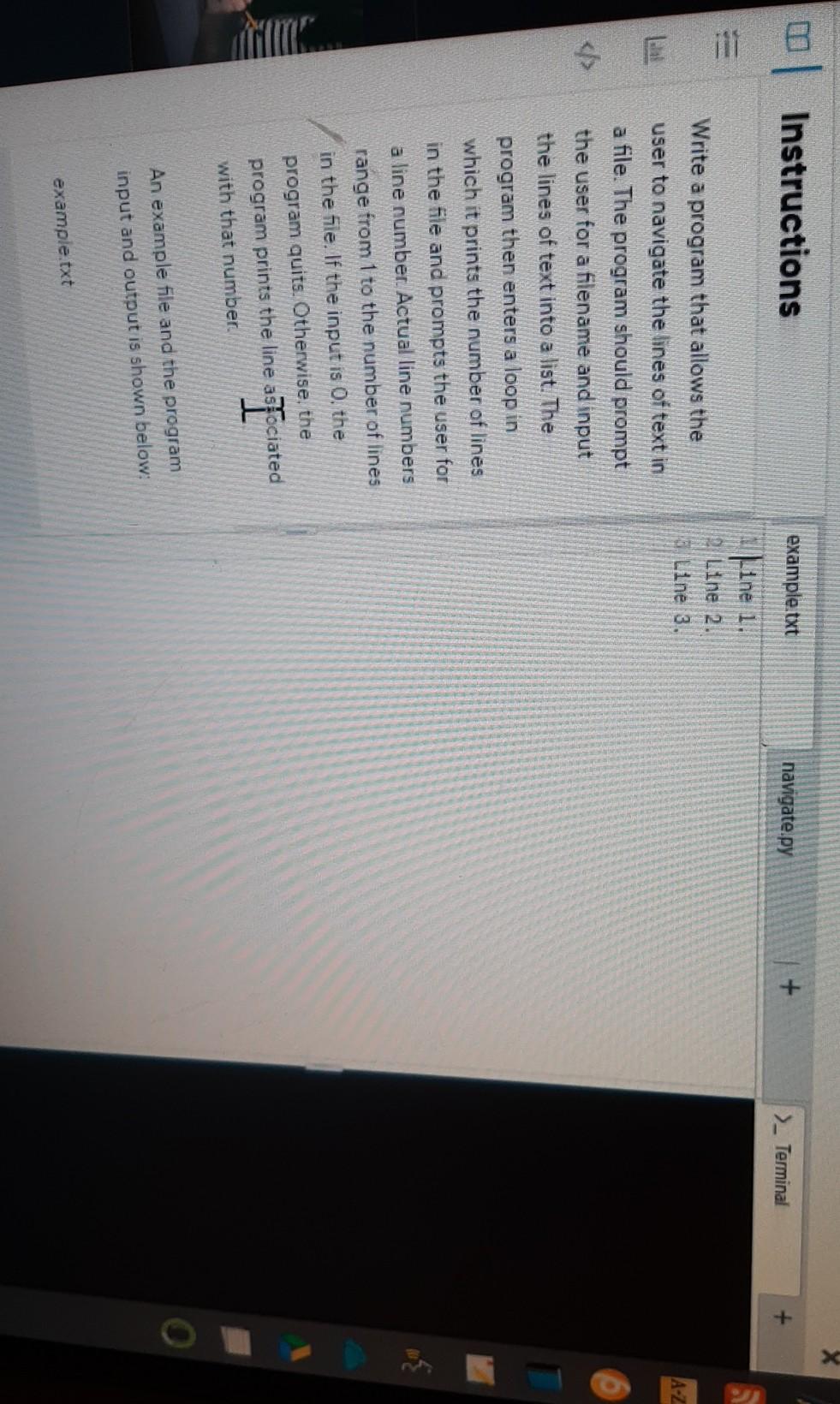 Solved Instructions example.txt navigate.py + >- Terminal | Chegg.com