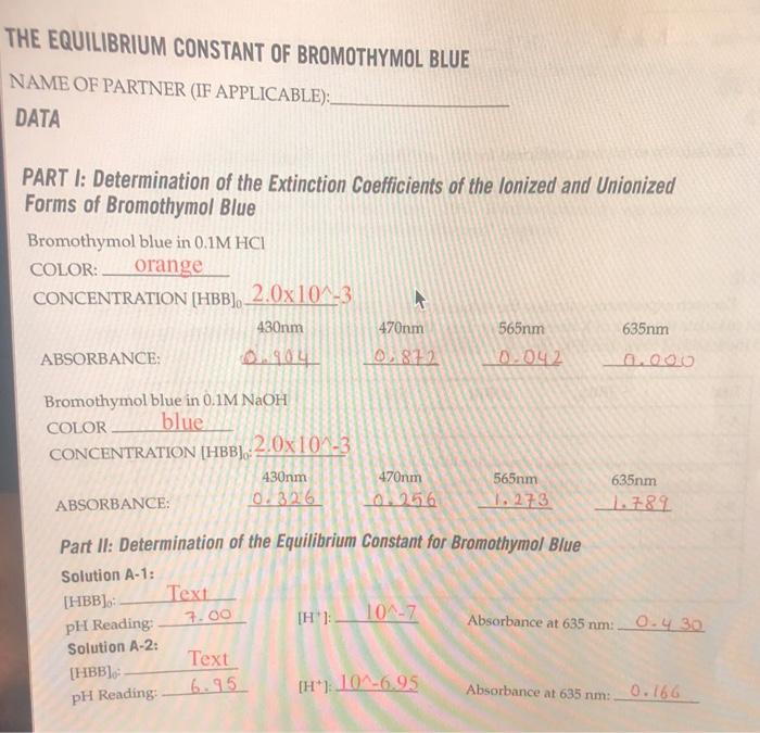 Solved THE EQUILIBRIUM CONSTANT OF BROMOTHYMOL BLUE NAME OF | Chegg.com