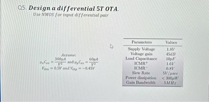 Solved Q5. Design a differential 5 T OTA. Use NMOS for input | Chegg.com