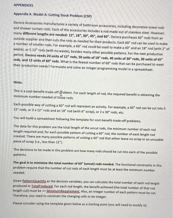 Solved APPENDICES Appendix A. Model A: Cutting Stock Problem | Chegg.com