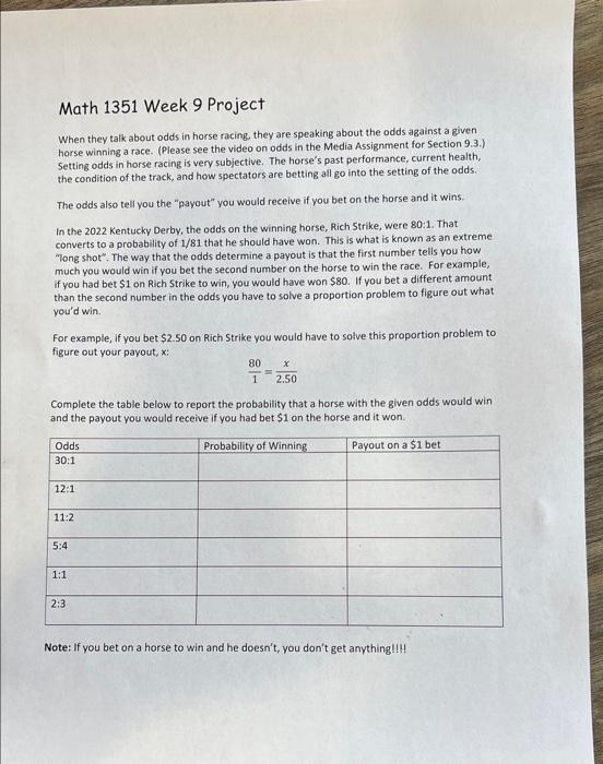 Solved Math 1351 Week 9 Project When they talk about odds in | Chegg.com