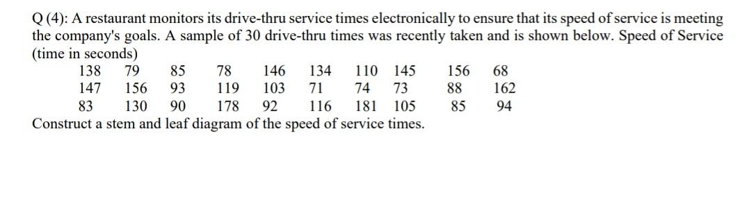Solved Q (4): A restaurant monitors its drive-thru service | Chegg.com