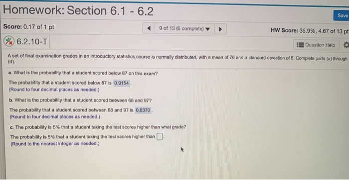 Solved Homework Section 6 1 6 2 Save Score 0 17 Of 1 Pt