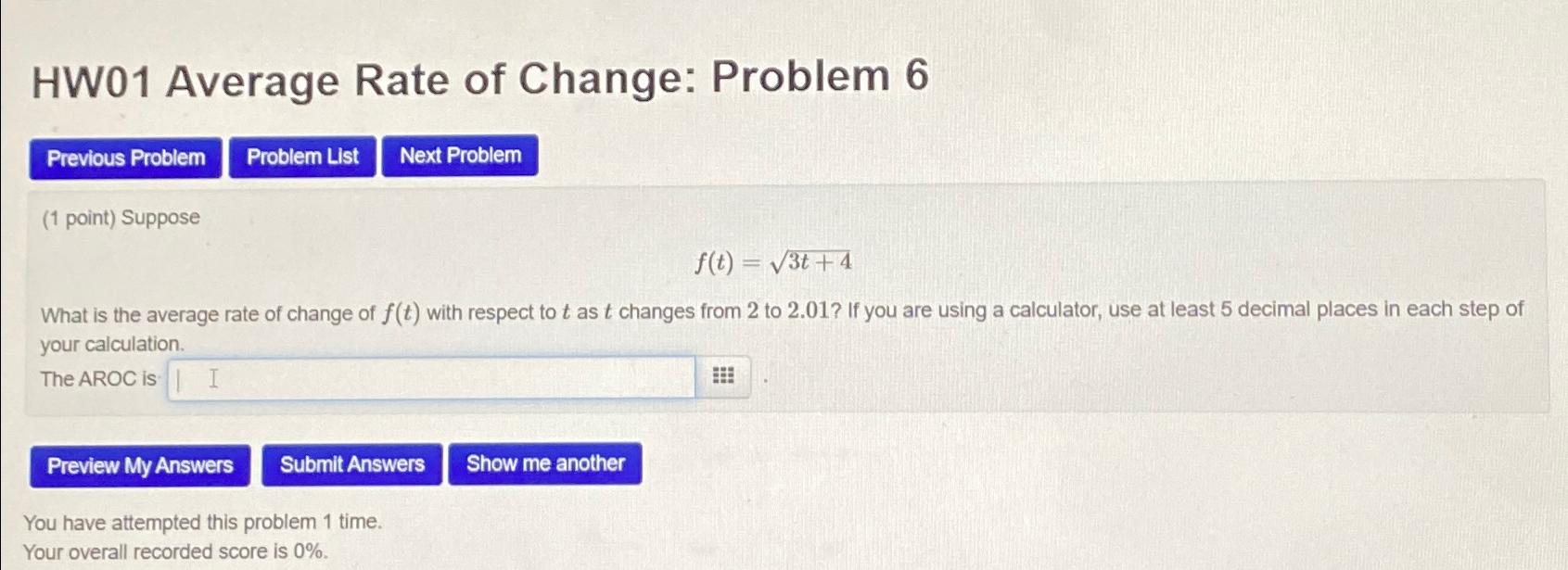Solved HW01 ﻿Average Rate of Change: Problem 6(1 ﻿point) | Chegg.com