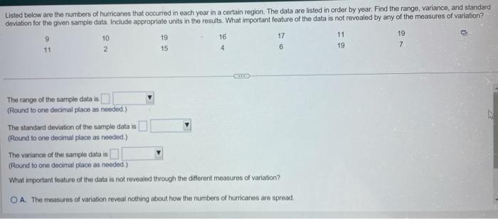 Solved Listed below are the numbers of hurricanes that | Chegg.com