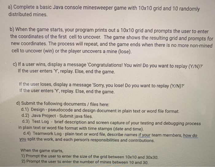 a) Complete a basic Java console minesweeper game | Chegg.com