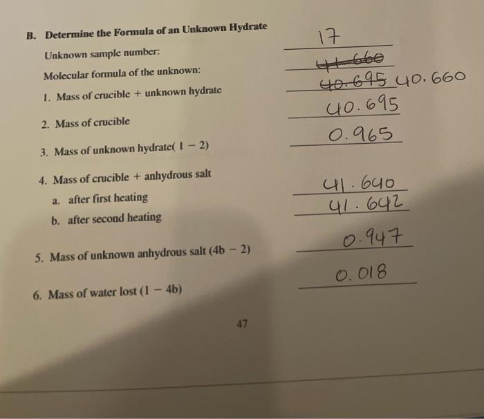 Solved B. Determine the Formula of an Unknown Hydrate | Chegg.com