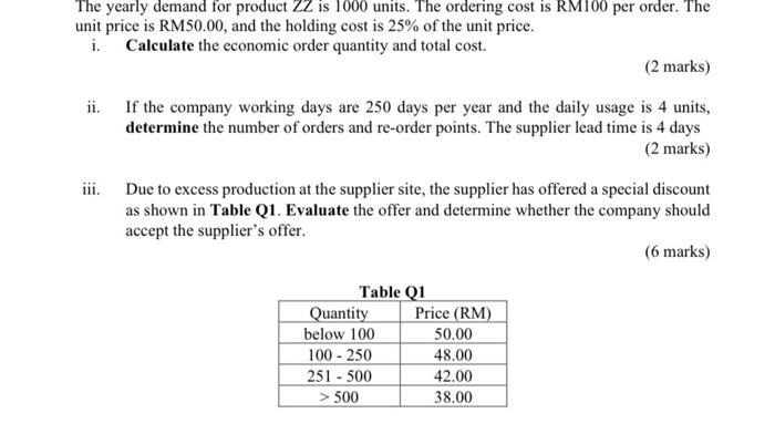 Solved The yearly demand for product ZZ is 1000 units. The | Chegg.com
