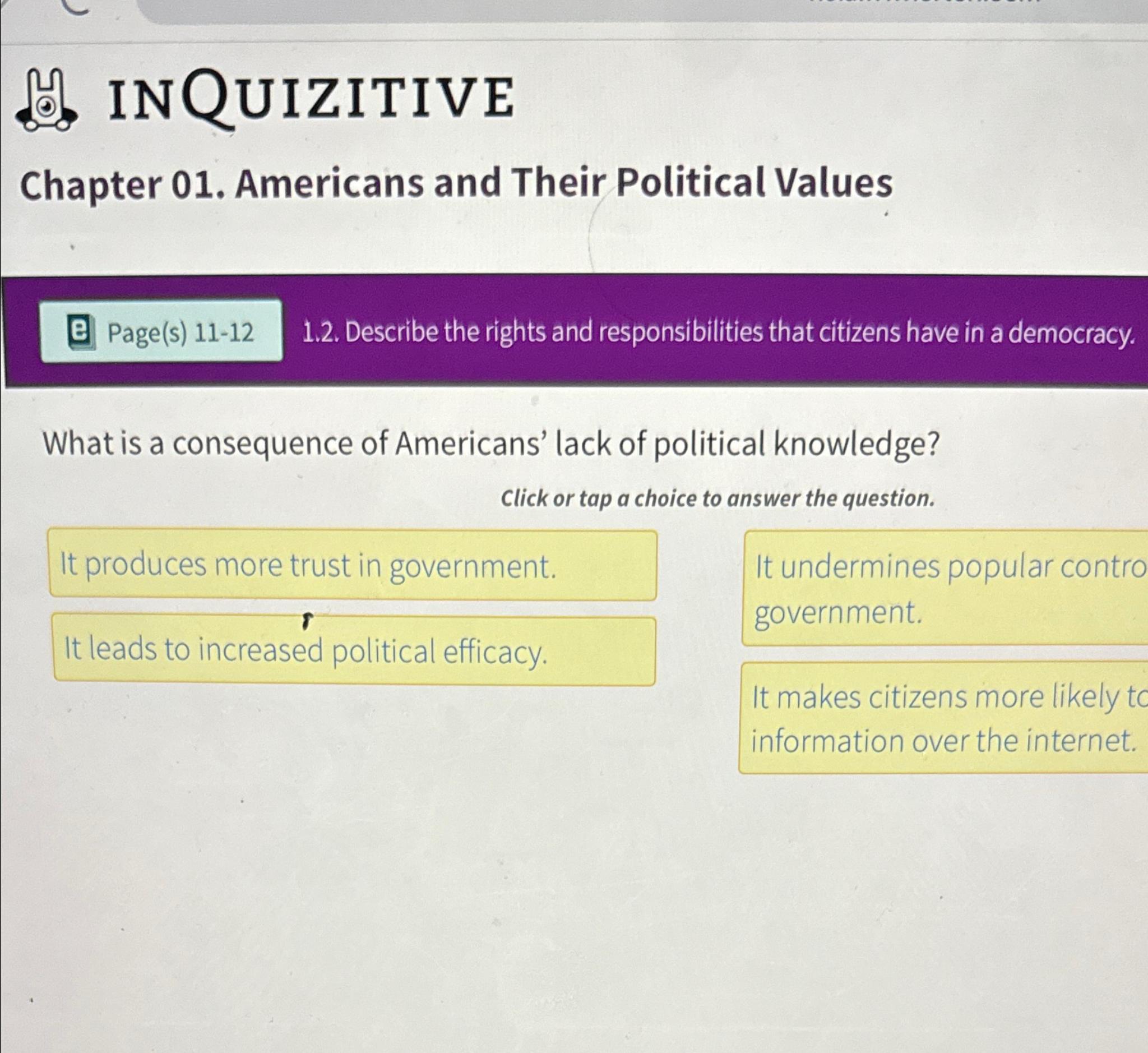 Solved INQuizitiveChapter 01. ﻿Americans and Their Political | Chegg.com