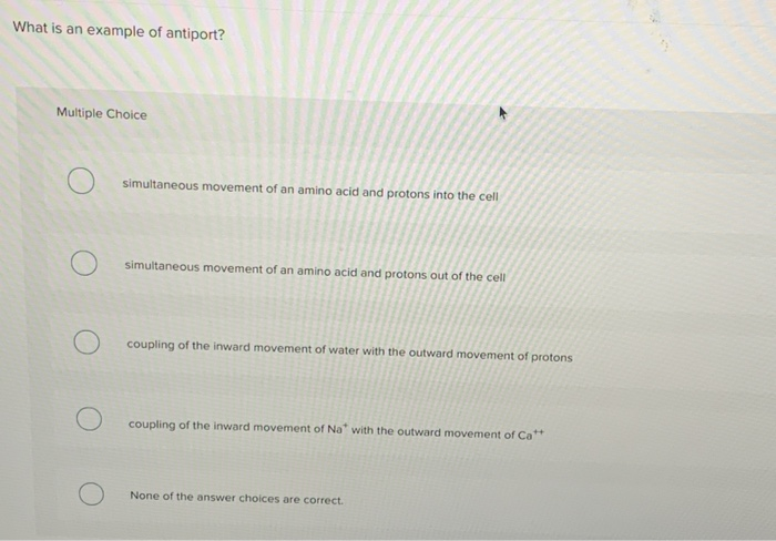Solved What is an example of antiport? Multiple Choice | Chegg.com