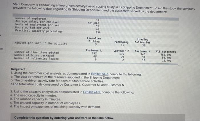 Solved Stahl Company is conducting a time-driven | Chegg.com