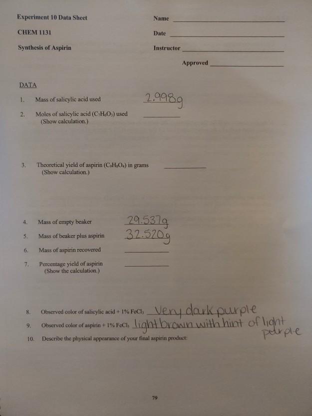 Solved Experiment 10 Data Sheet Name CHEM 1131 Date | Chegg.com