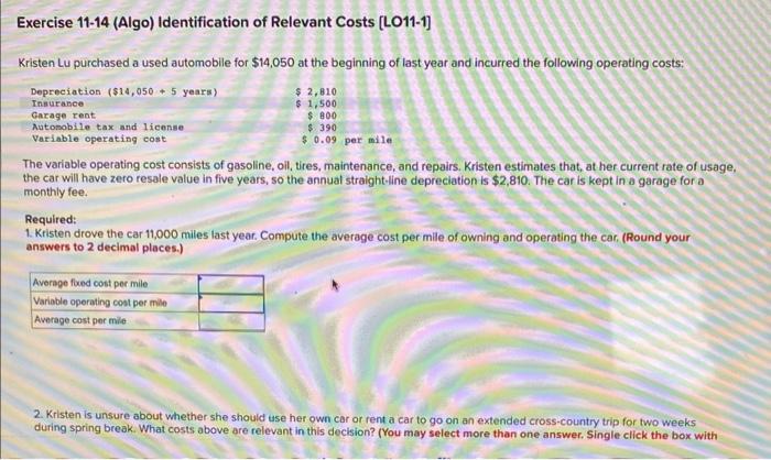 Solved Exercise 11-14 (Algo) Identification of Relevant | Chegg.com