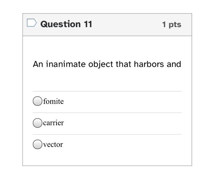 Solved Question 11 1 pts An inanimate object that harbors | Chegg.com