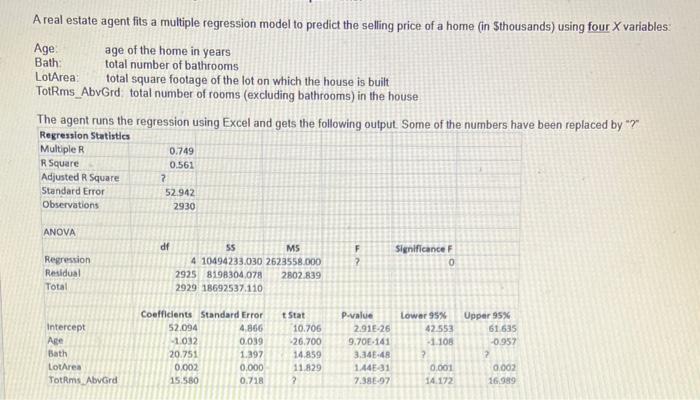 Solved A real estate agent fits a multiple regression model | Chegg.com