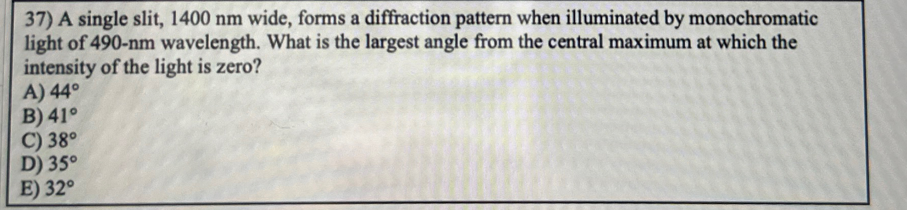 Solved A single slit, 1400nm ﻿wide, forms a diffraction | Chegg.com