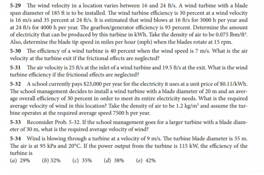 Solved 5-29 The wind velocity in a location varies between | Chegg.com