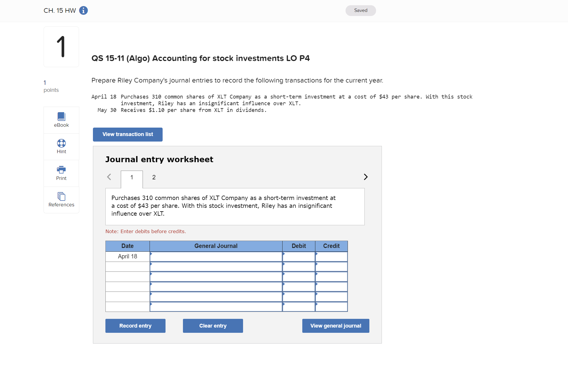 Solved QS 15-11 (Algo) ﻿Accounting for stock investments LO | Chegg.com