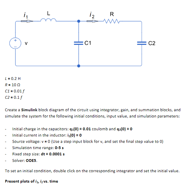 L=0.2HR=10ΩC1=0.01fC2=0.1fCreate a Simulink block | Chegg.com