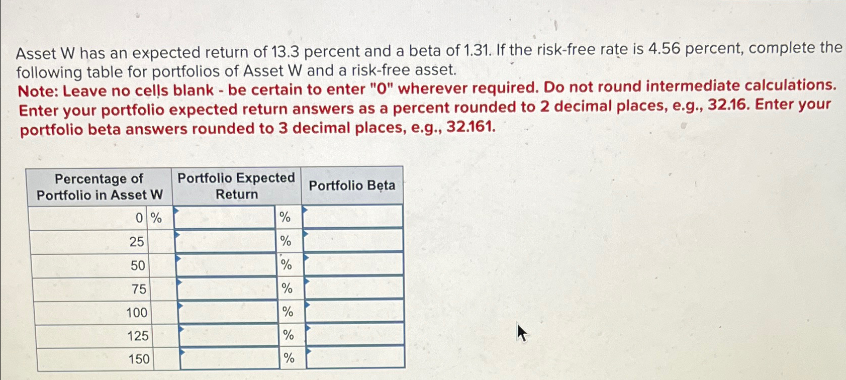 Solved Asset W ﻿has an expected return of 13.3 ﻿percent and | Chegg.com