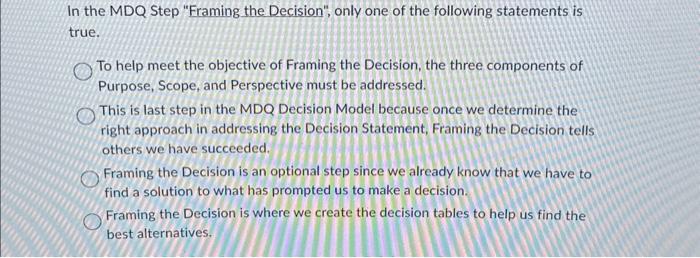 Solved In the MDQ Step "Framing the Decision", only one of | Chegg.com