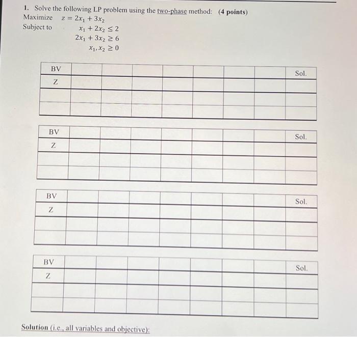 Solved 1. Solve the following LP problem using the two-phase | Chegg.com