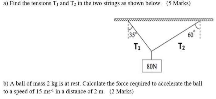 Solved a) Find the tensions T, and T2 in the two strings as | Chegg.com