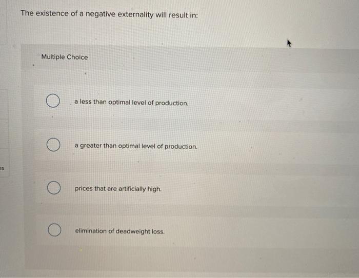Solved The existence of a negative externality will result | Chegg.com