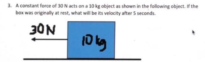 Solved 3. A constant force of 30 N acts on a 10 kg object as | Chegg.com