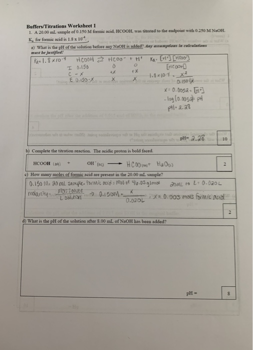 Solved Buffers/Titrations Worksheet 1 1. A 20.00 ml. sample | Chegg.com