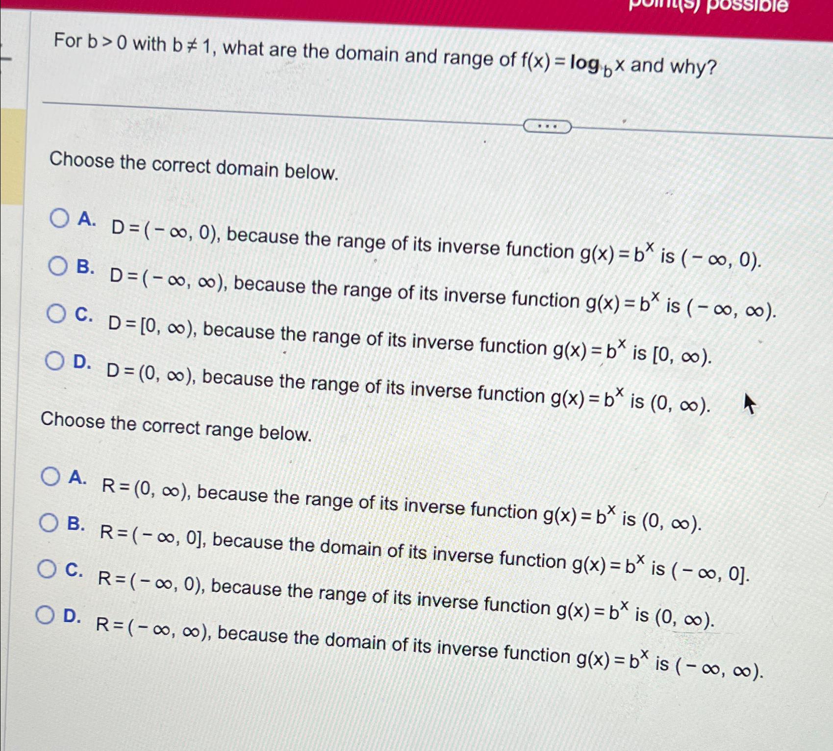 Solved For b>0 ﻿with b≠1, ﻿what are the domain and range of | Chegg.com
