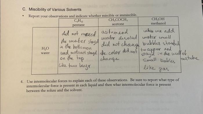 Solved C. Miscibility of Various Solvents Report your | Chegg.com