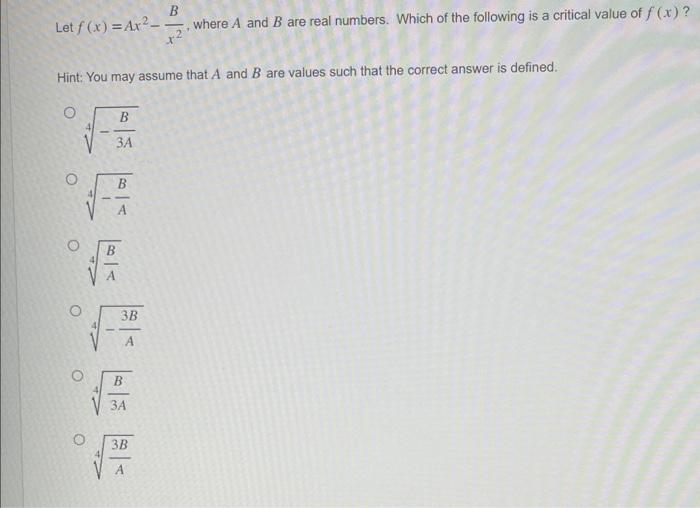 Solved Let f(x)=Ax2−x2B, where A and B are real numbers. | Chegg.com