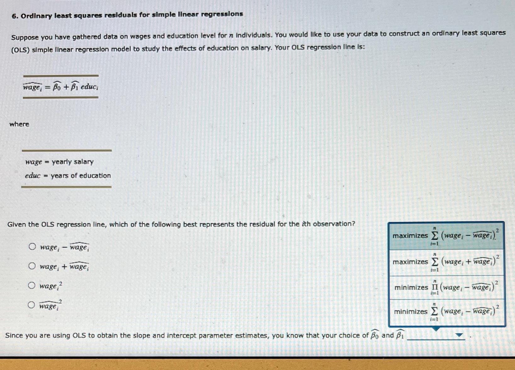 Solved Ordinary least squares residuals for simple linear | Chegg.com