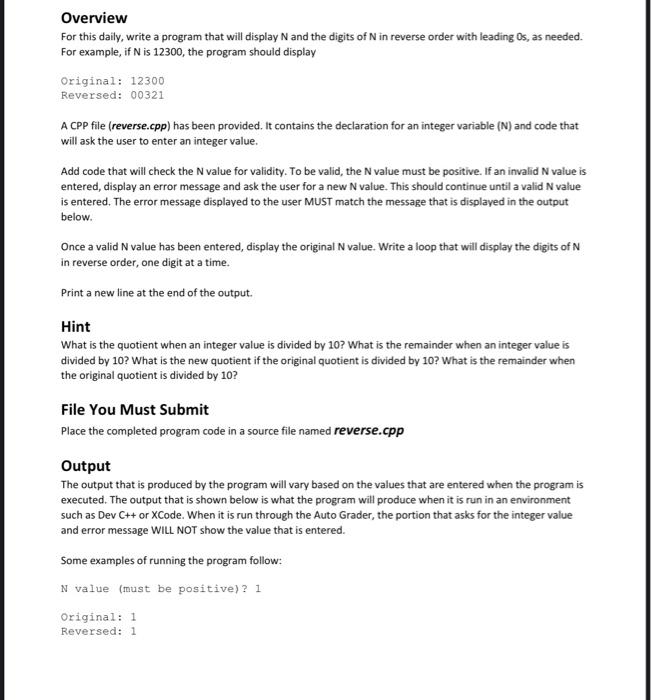 Solved Overview For this daily, write a program that will | Chegg.com