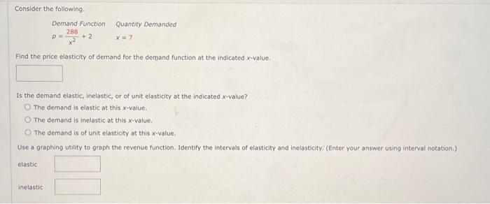 Solved Consider the following. Demand Function Quantity | Chegg.com