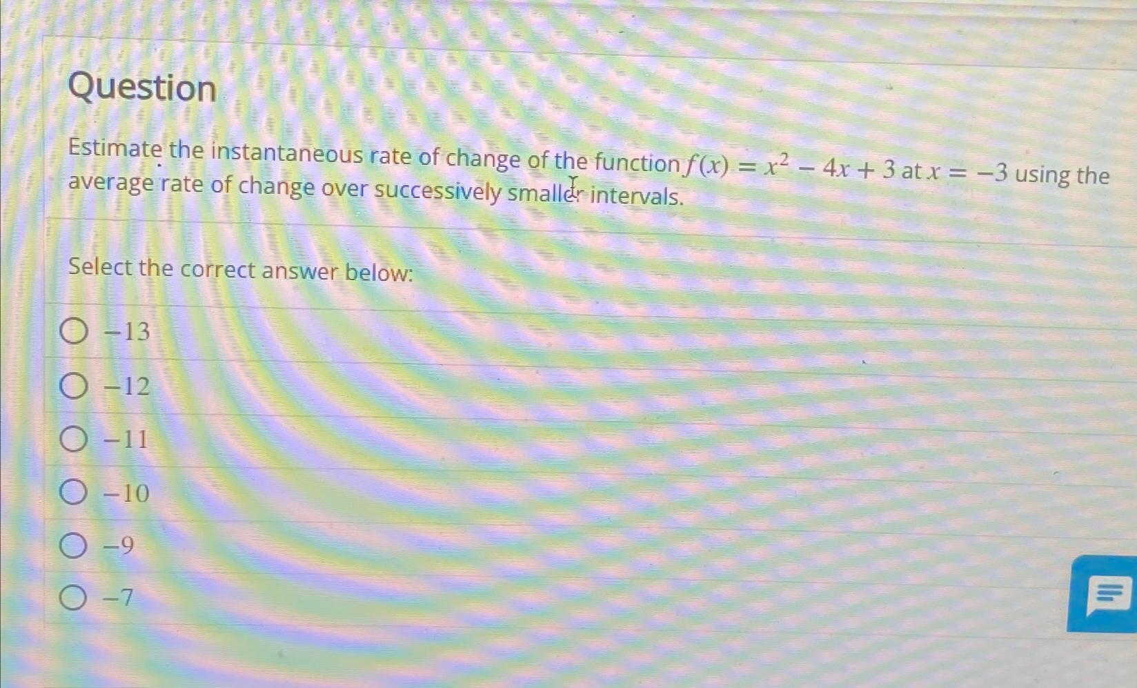 Solved QuestionEstimate the instantaneous rate of change of | Chegg.com