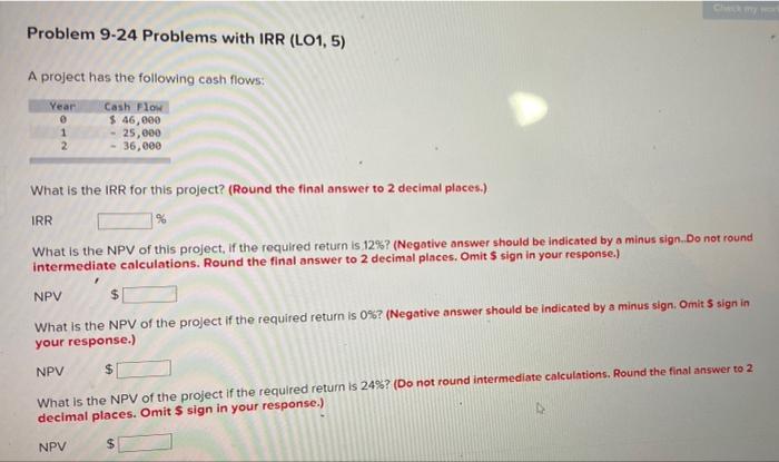 Solved Problem 9-24 Problems with IRR (LO1,5) A project has | Chegg.com