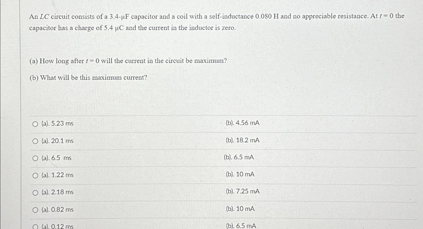 Solved An LC ﻿circuit consists of a 3.4-μF ﻿capacitor and a | Chegg.com