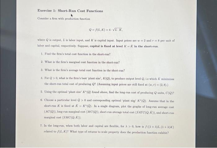 Solved Exercise 1: Short-Run Cost Functions Consider a firm | Chegg.com