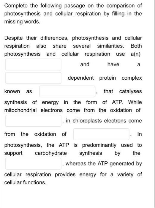 Solved Complete the following passage on the comparison of | Chegg.com