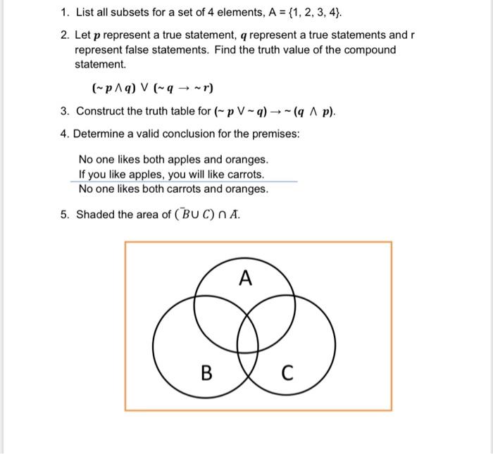 Solved 1. List all subsets for a set of 4 elements, A = {1, | Chegg.com