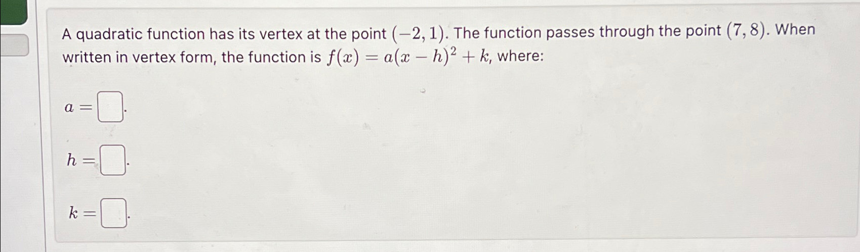 Solved A quadratic function has its vertex at the point | Chegg.com